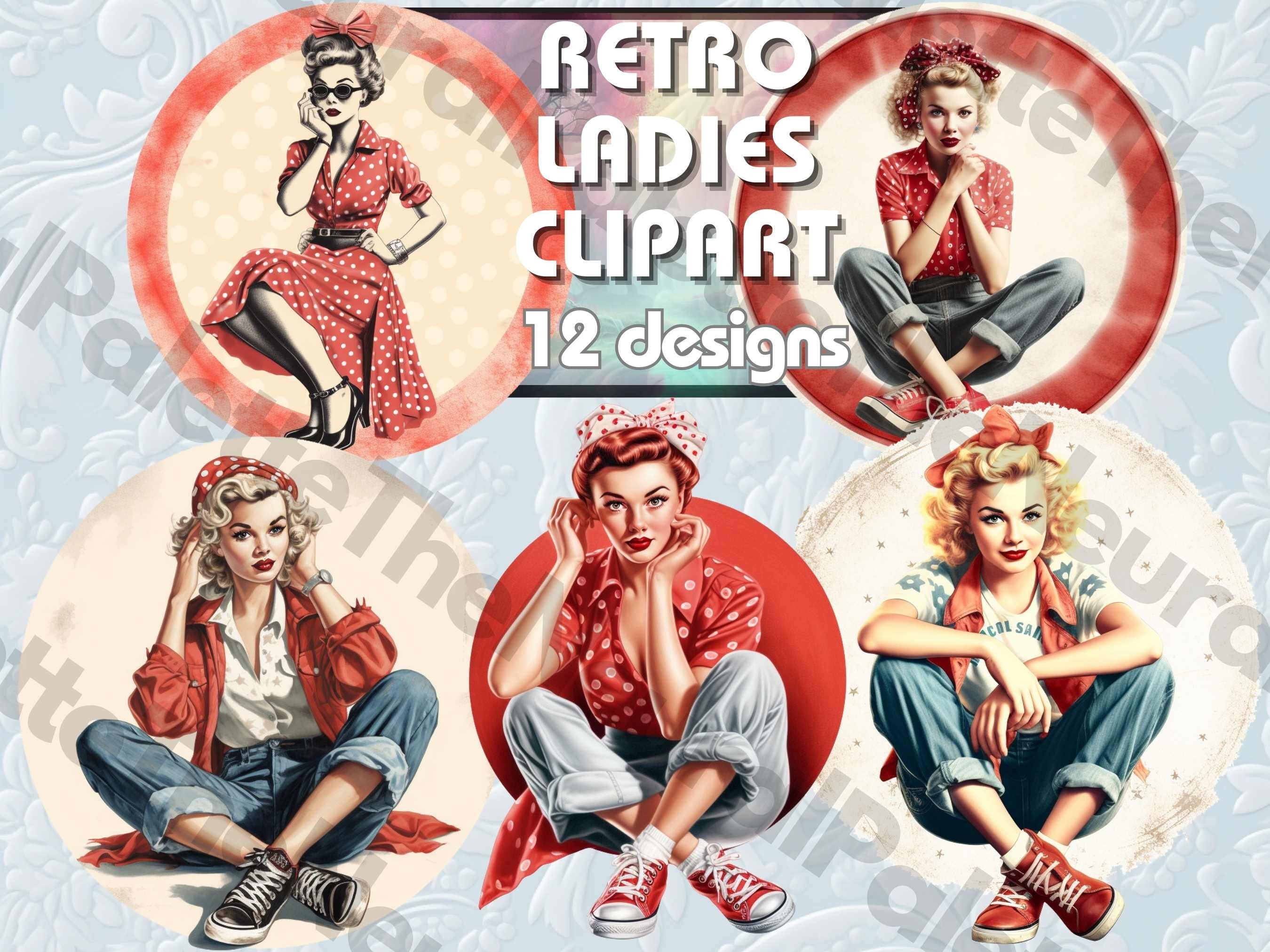 12 Designs, 1950s Clipart Bundle, 1950s Vintage Girl Clipart, Commercial Use, Transparent ...