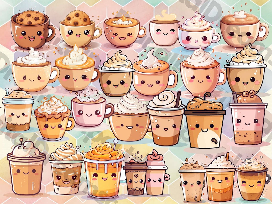 25, Kawaii Coffee Clipart, PNG Bundle, Commercial Use, Kawaii Drinks ...