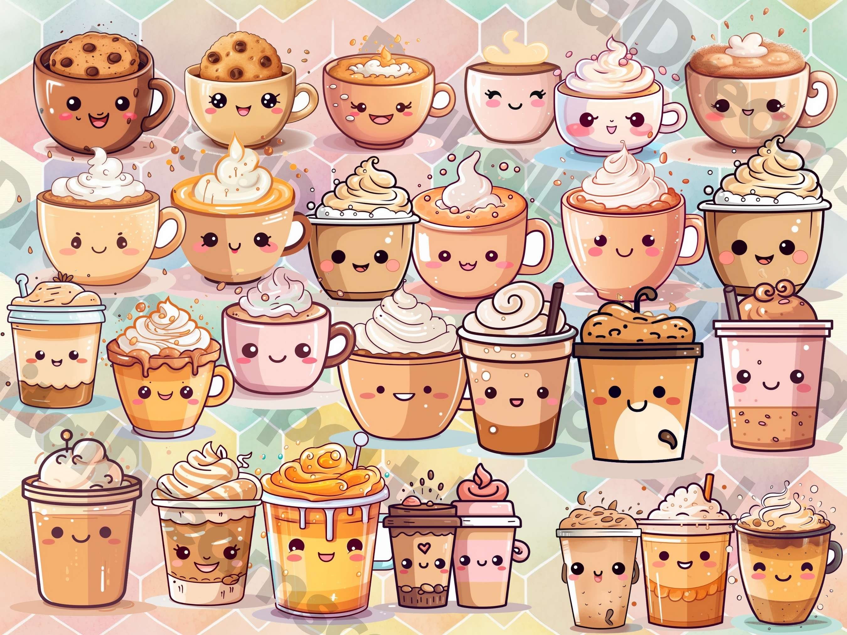 25, Kawaii Coffee Clipart, PNG Bundle, Commercial Use, Kawaii Drinks ...