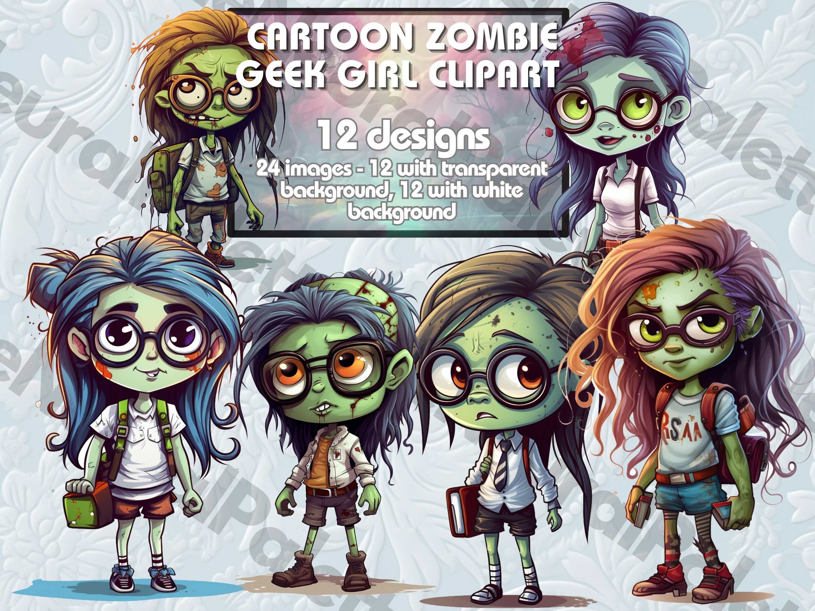12, Cartoon Geek Zombie Girl Clipart, Instant Download, Transparent ...