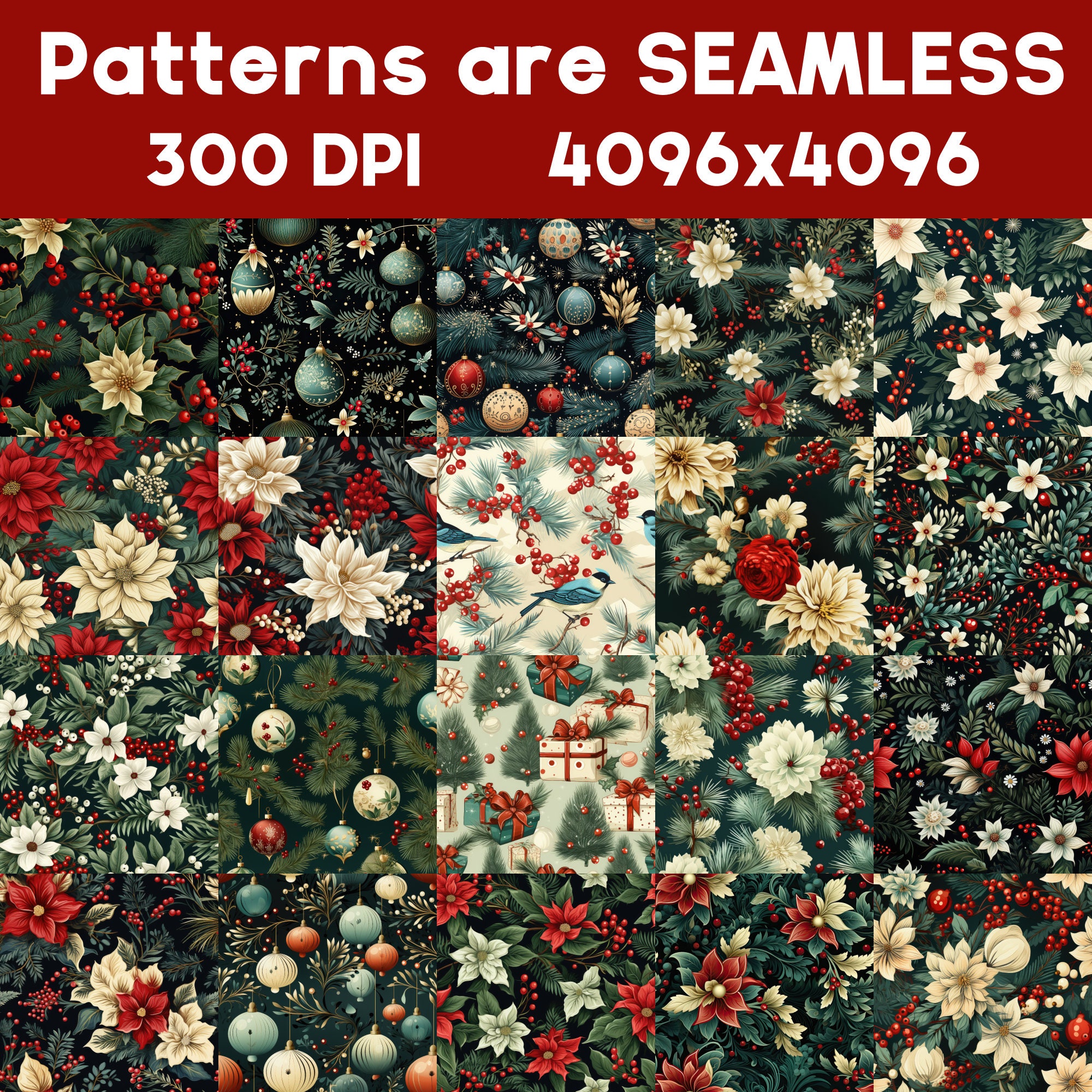 Seamless Christmas Vintage Patterns, Digital Holiday Paper Pack, Red ...
