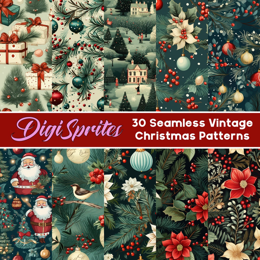 Seamless Christmas Vintage Patterns, Digital Holiday Paper Pack, Red ...