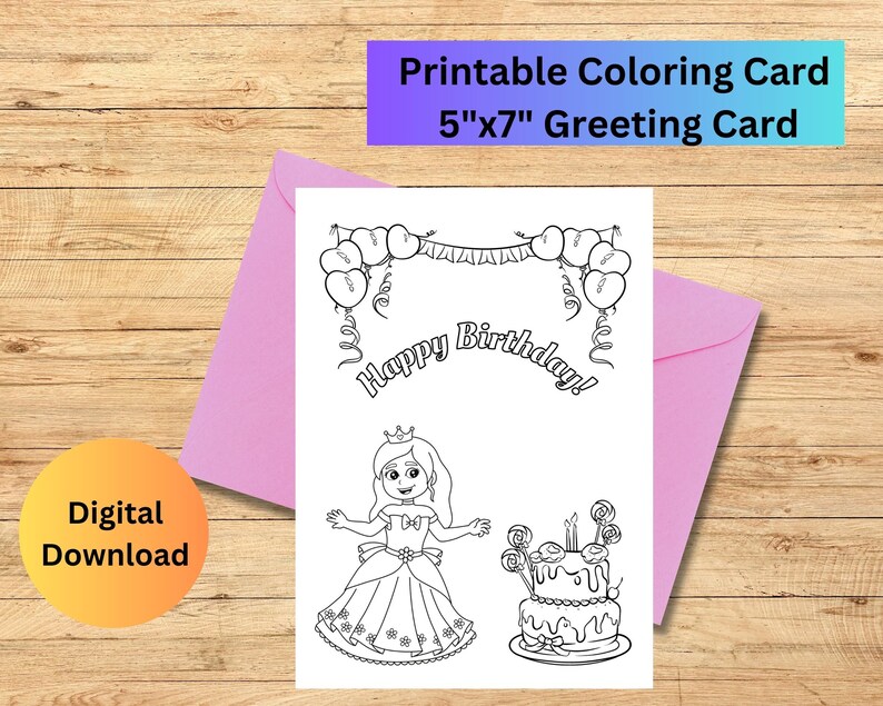 Happy Birthday Princess Printable Coloring Cards/digital - Etsy