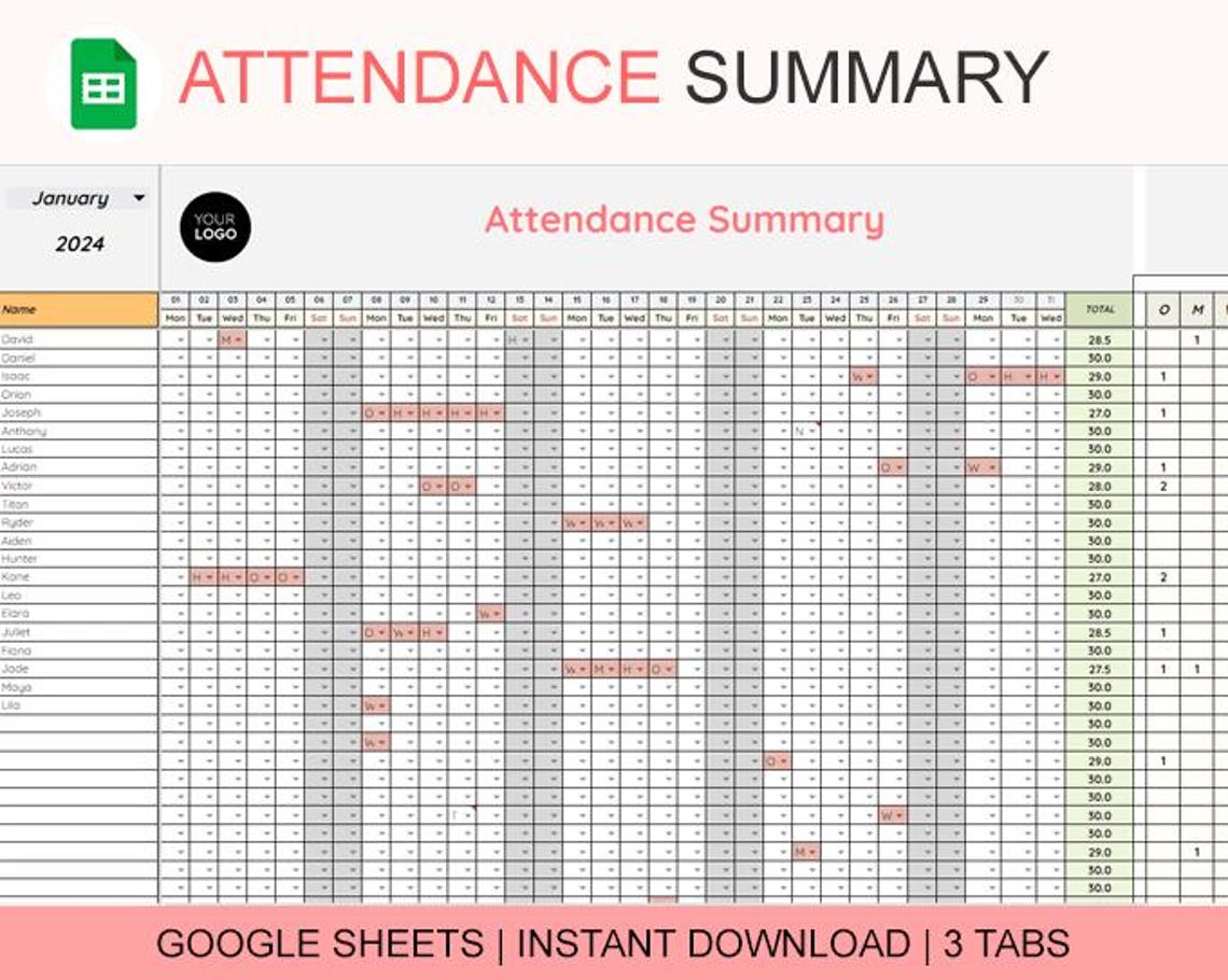 Monthly Employee Attendance Log - Working Days, Days Off, Vacations ...