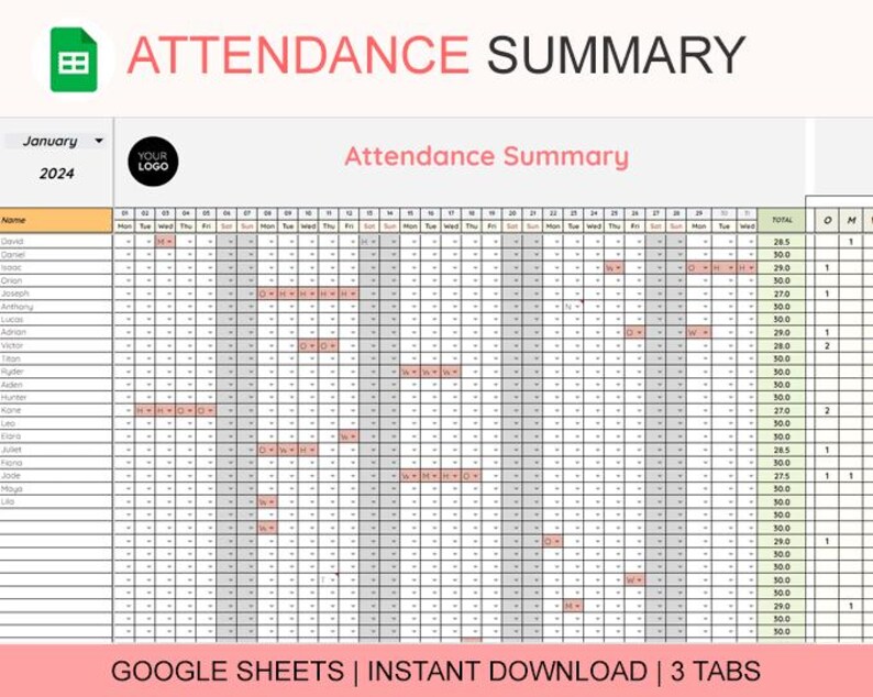 Monthly Employee Attendance Log - Working Days, Days Off, Vacations ...