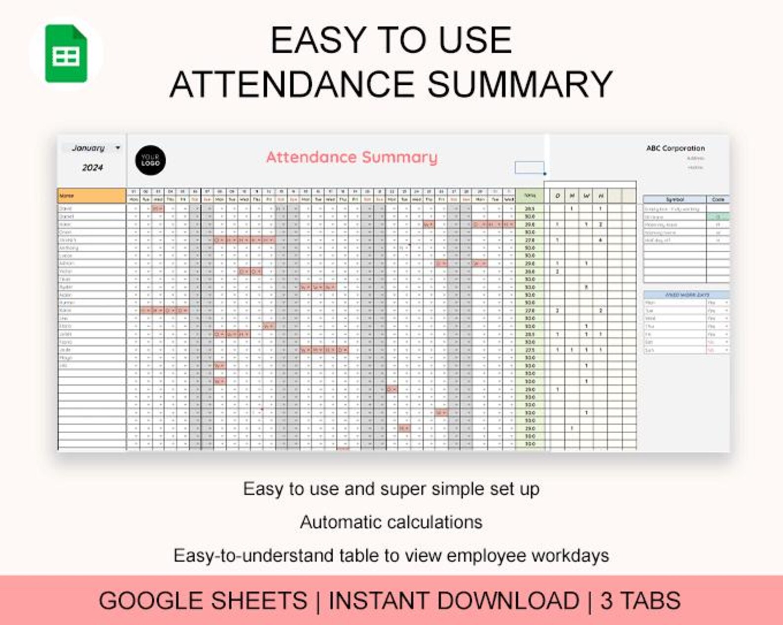 Monthly Employee Attendance Log - Working Days, Days Off, Vacations ...