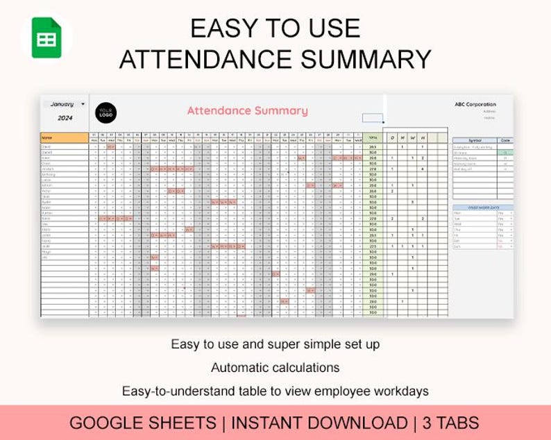 Monthly Employee Attendance Log - Working Days, Days Off, Vacations ...