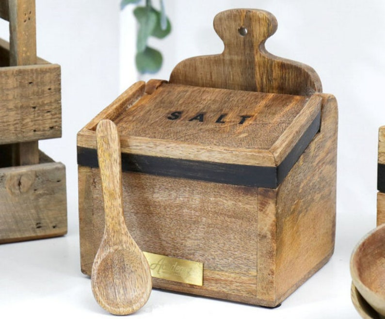 Handmade Wooden Salt Box With Spoon - Etsy