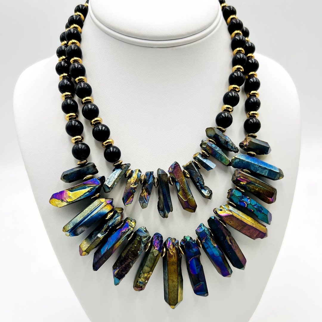 LYNX Signed Black AB Titanium Quartz Crystal Dual Strand Beaded ...