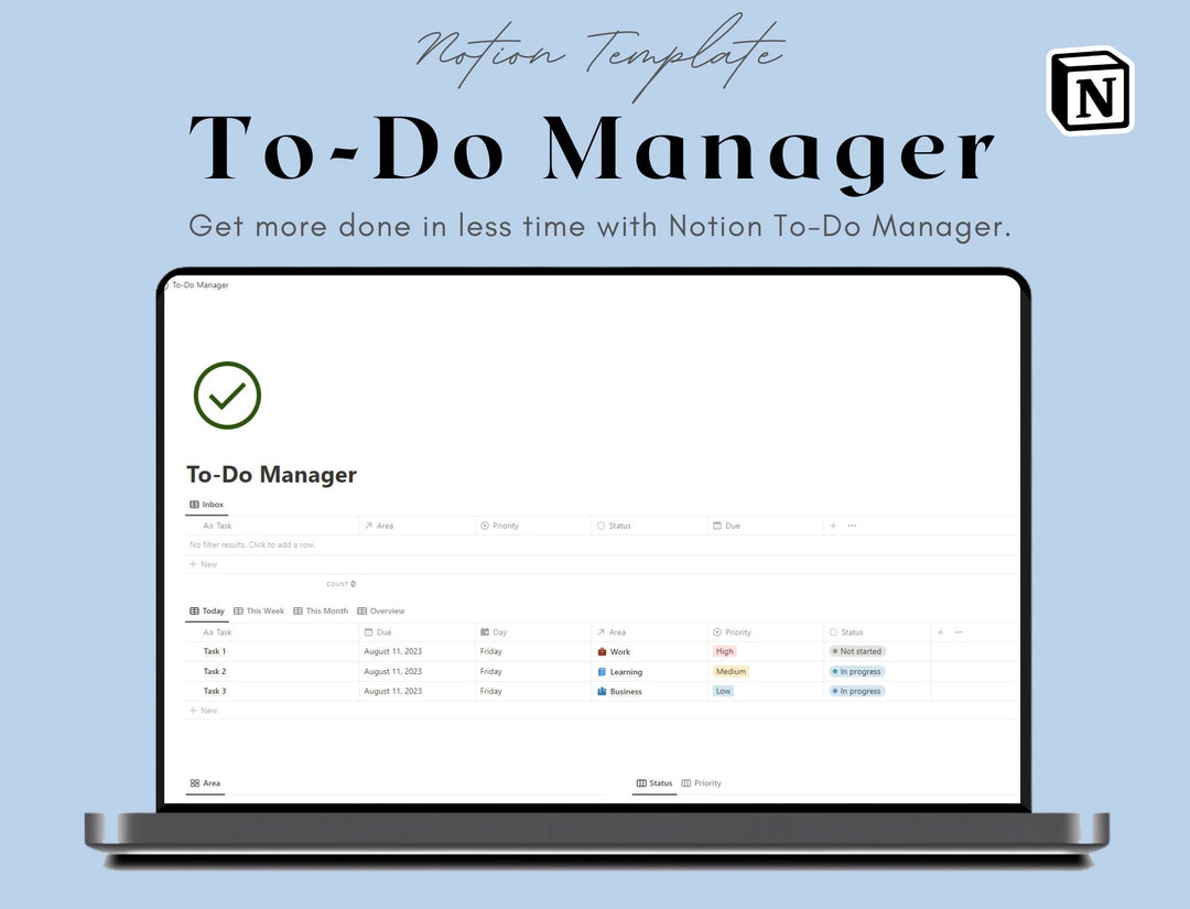 Notion To-do Manager Template, Task Manager, To-do List, Digital Planner, Task Management ...