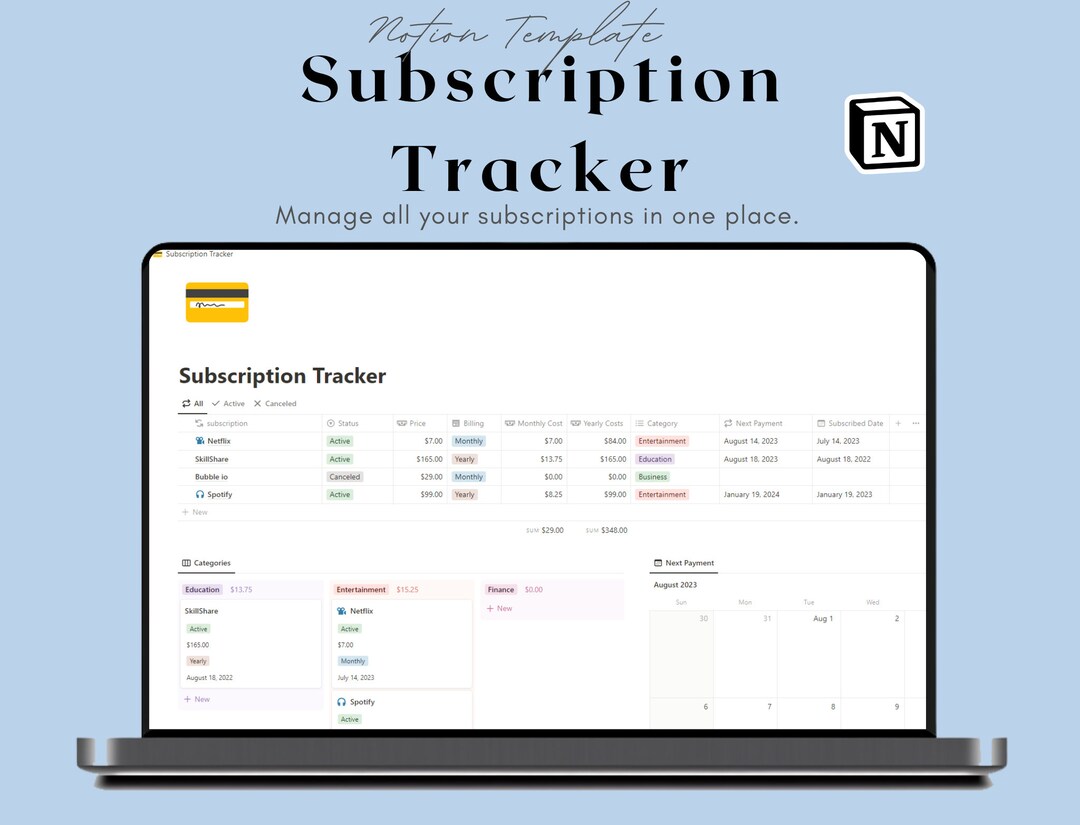 Notion Subscription Tracker Template, Digital Subscription Tracker, Notion Finance Dahsboard ...