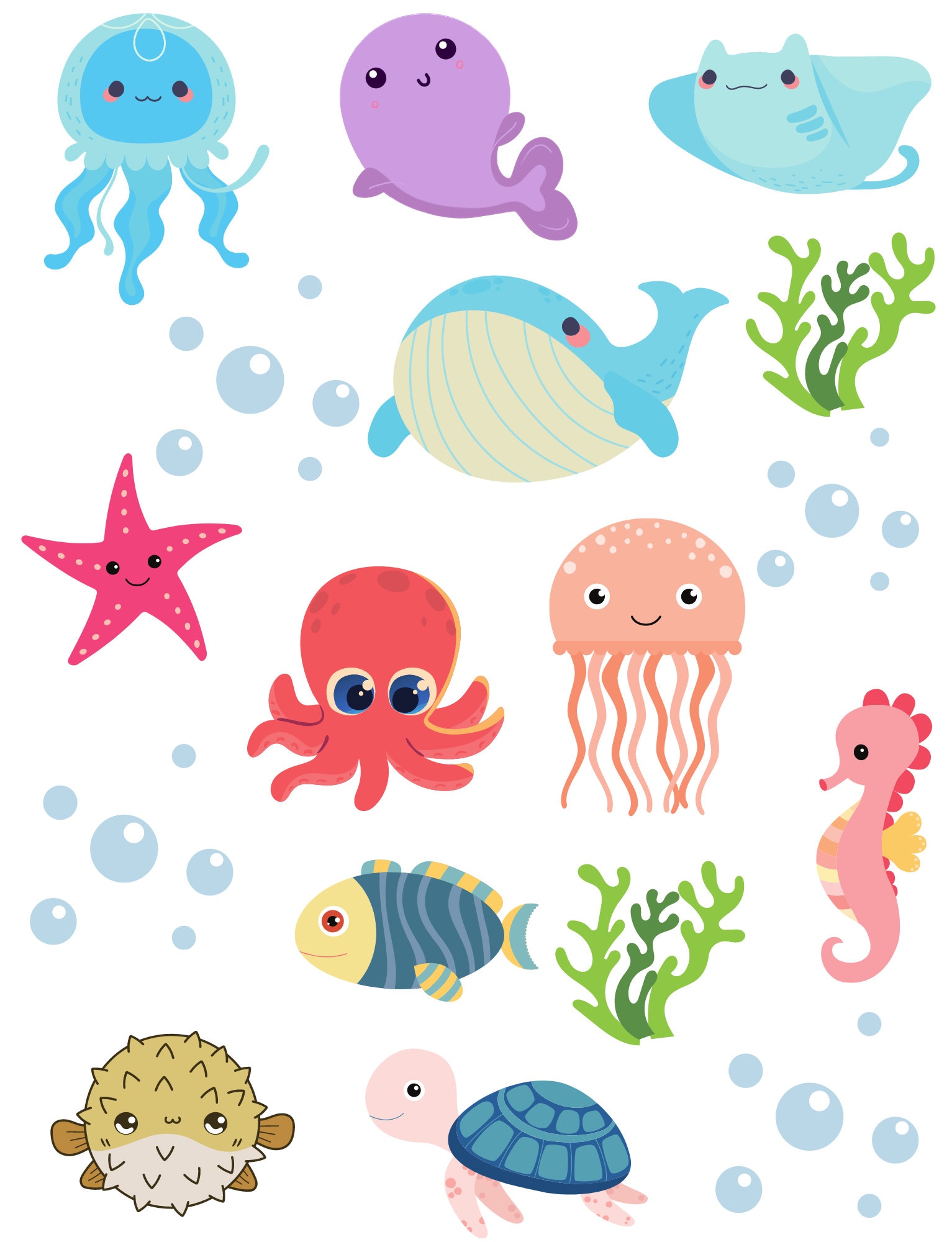 Sea Life Clip Art , Kawaii Sea Life , Cute Sea Life , Ocean Animals - Etsy