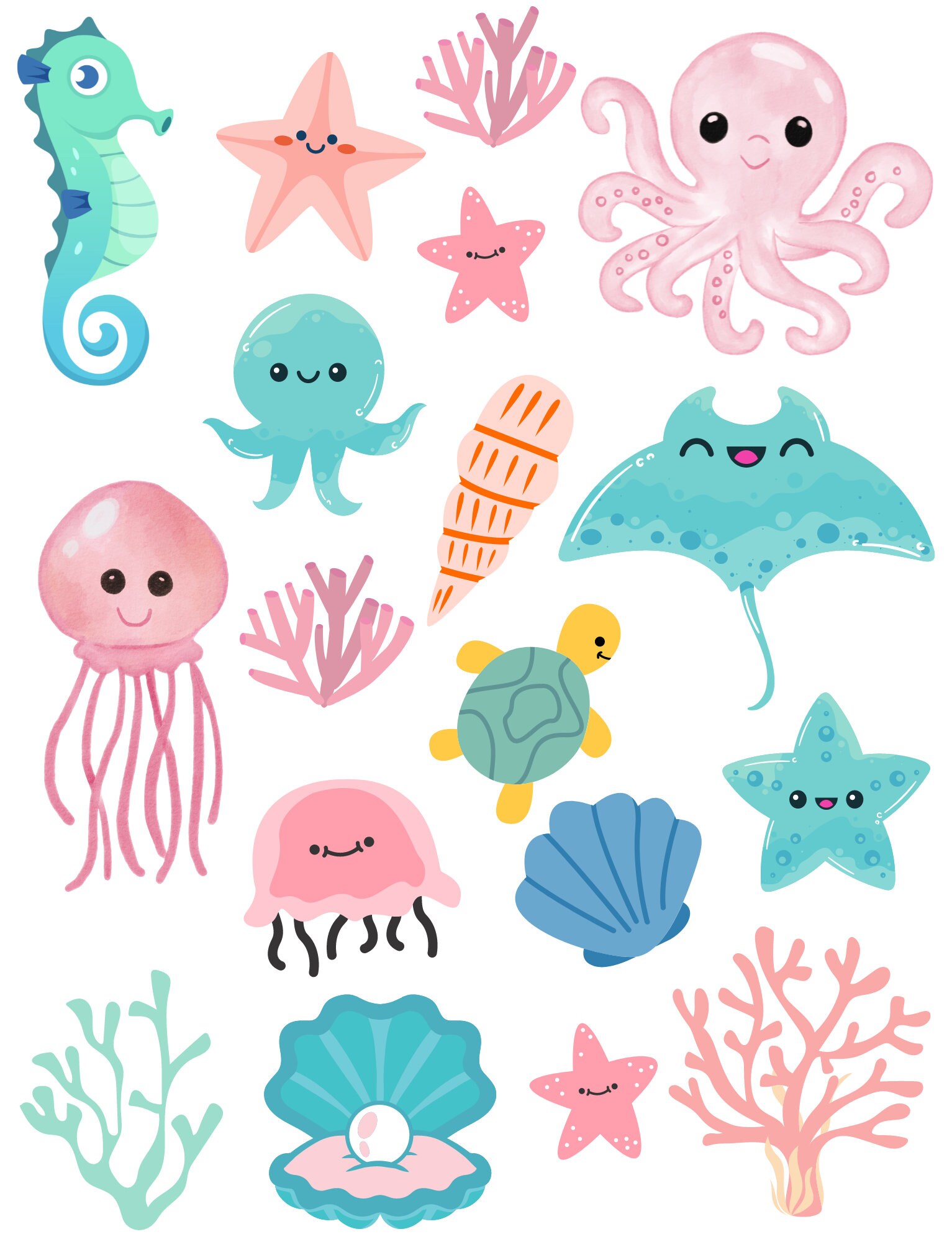 Sea Life Clip Art , Kawaii Sea Life , Cute Sea Life , Ocean Animals - Etsy