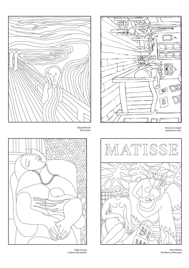 Famous Paintings Coloring Pages: Van Gogh, Matisse, Picasso, Munch (A4 ...