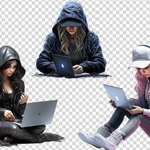 Girl Hacker Clipart Bundle: Woman on Laptop PNG (commercial Use) - Etsy