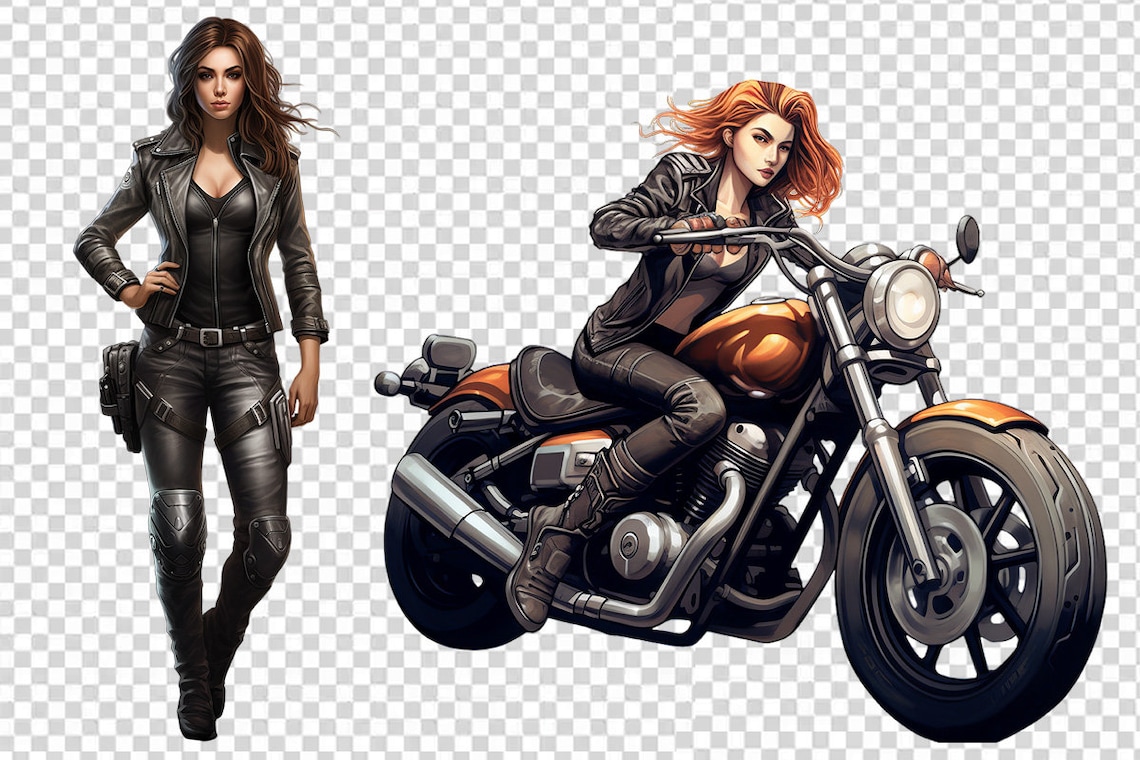Biker Girl Clipart: Female Motorcyclist in Leather (PNG Digital ...