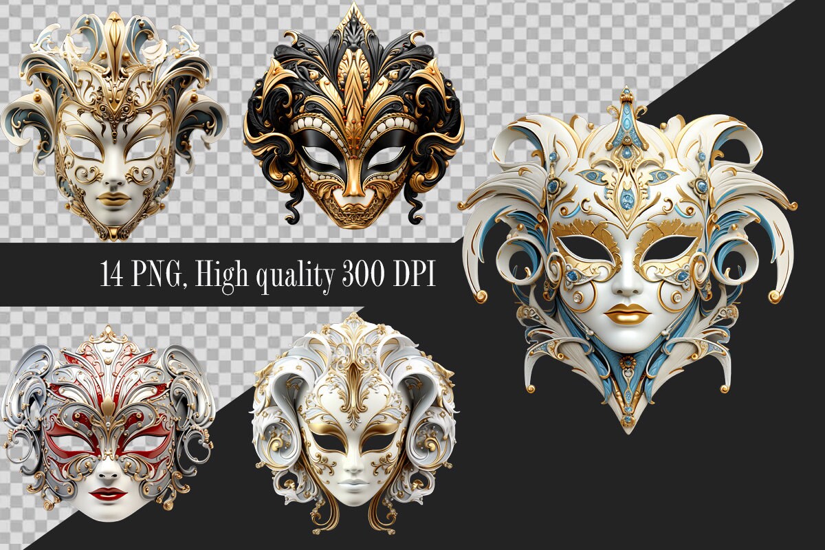 Venetian Masks Clipart Set - Digital Masquerade Illustrations for ...