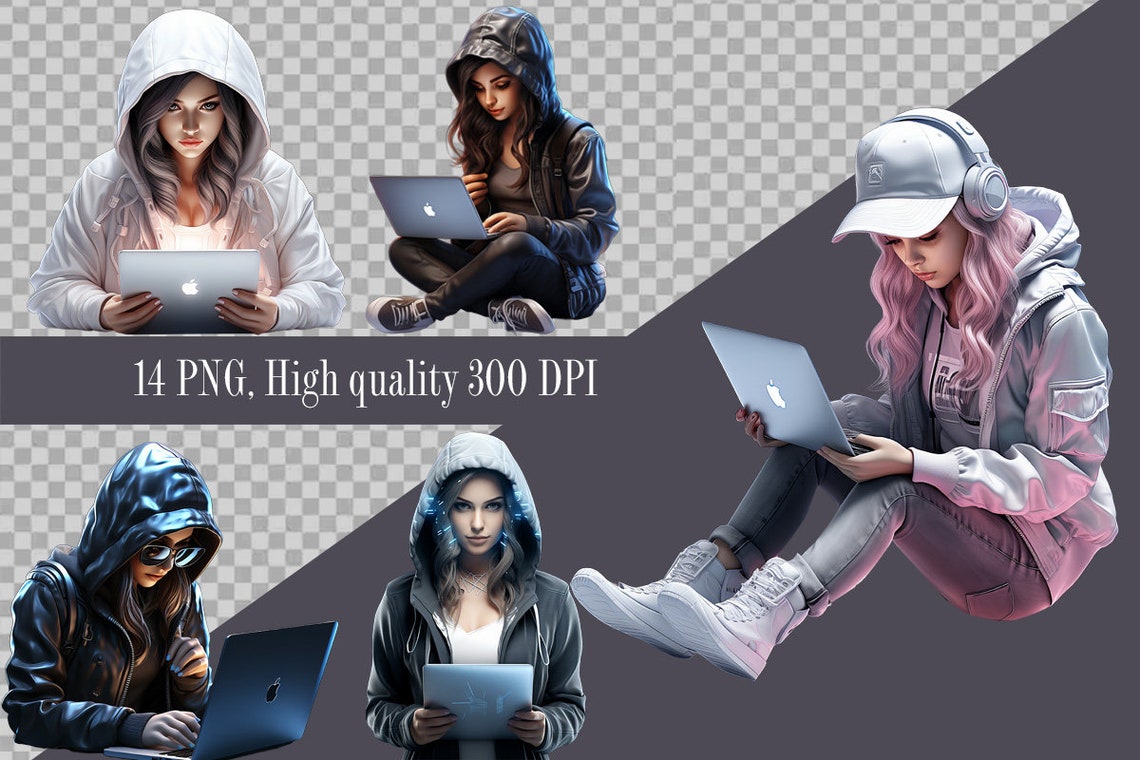 Girl Hacker Clipart Bundle: Woman on Laptop PNG (commercial Use) - Etsy