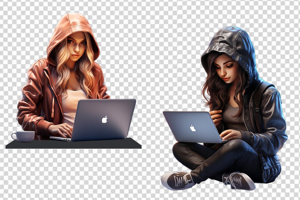 Girl Hacker Clipart Bundle: Woman on Laptop PNG (commercial Use) - Etsy