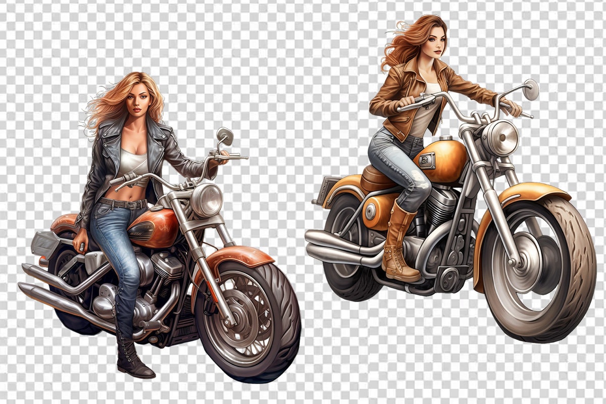 Biker Girl Clipart: Female Motorcyclist in Leather (PNG Digital ...