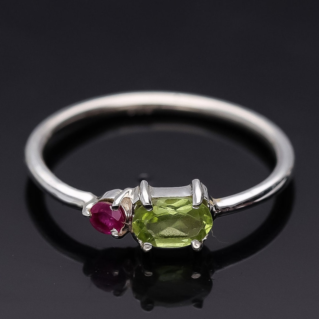 Sterling Silver Peridot and Ruby Ring - Gemstone Engagement Ring - Etsy
