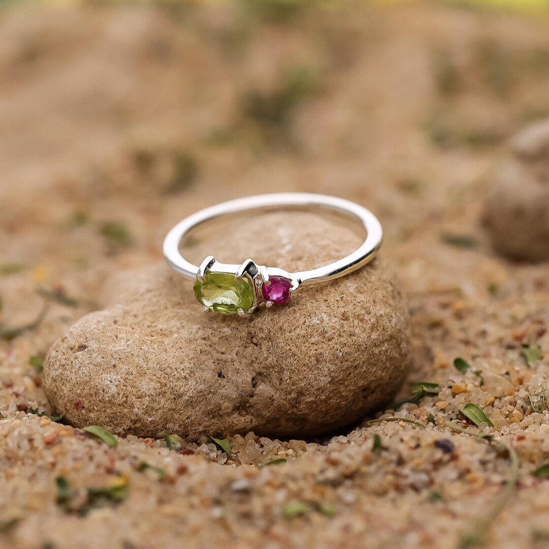 925 Sterling Silver Ring, Natural Peridot and Ruby Ring. Gemstone Ring ...