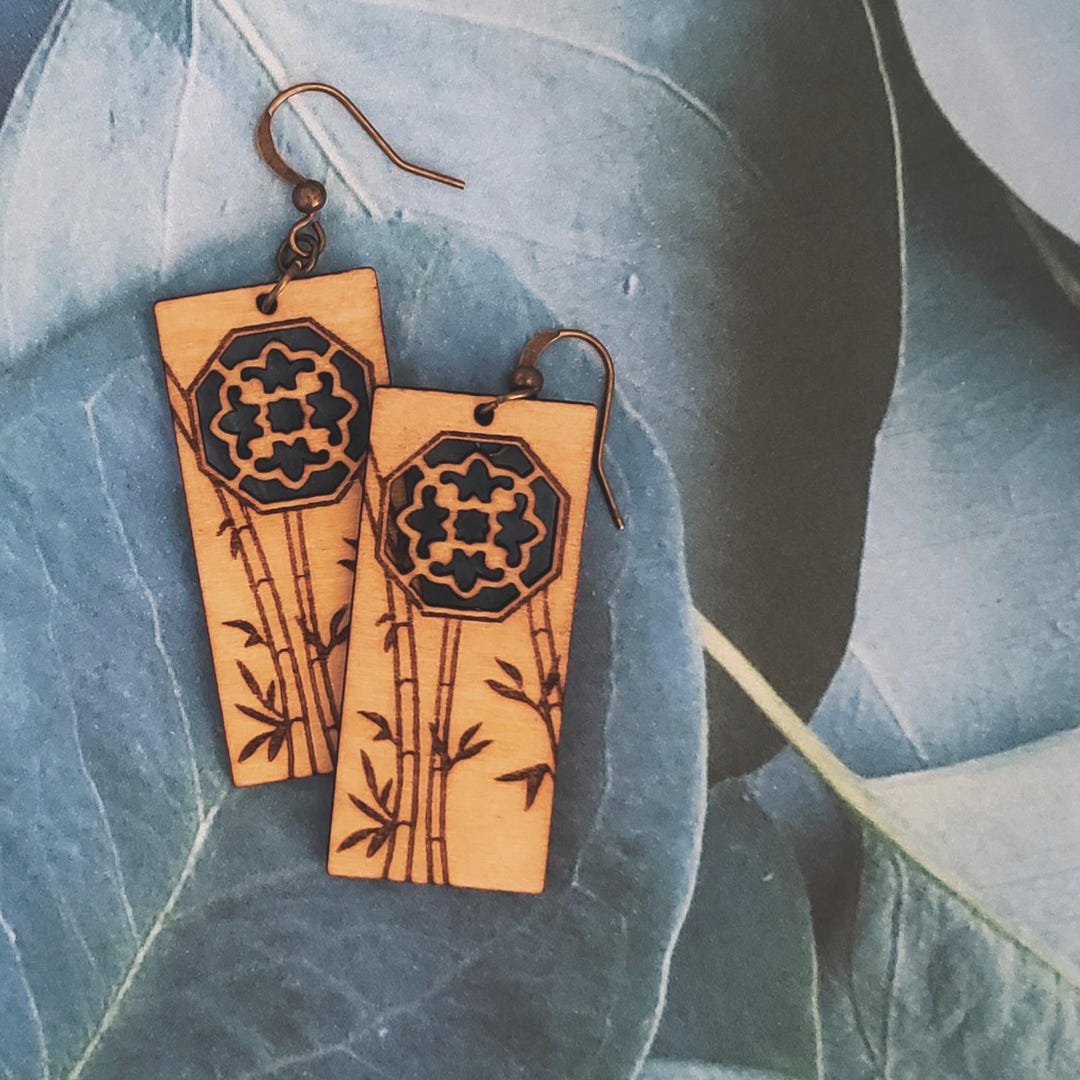 Chinese Window | Bamboo | Laser Cut and Engraved Rectangle Earrings - Etsy