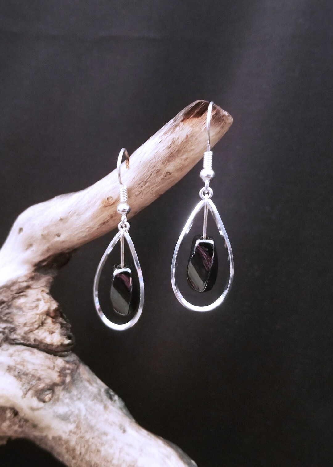 Silver Teardrop Framed Twisted Rectangle Hematite Drop Earrings - Etsy