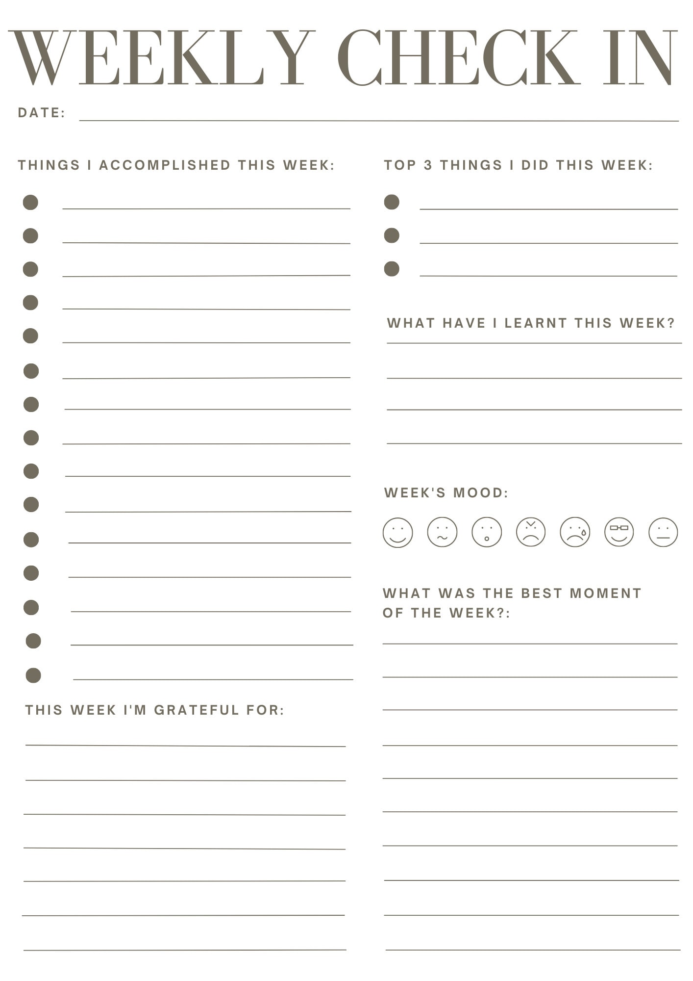 Printable Weekly Mood Check in | Wellness Planner Tracker | Goals ...