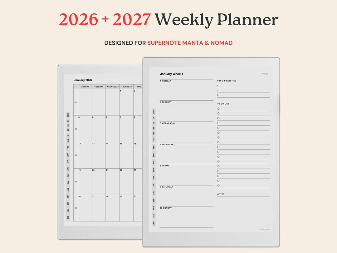 2026 + 2027 Weekly Planner Template for Supernote Manta A5X & Supernote ...