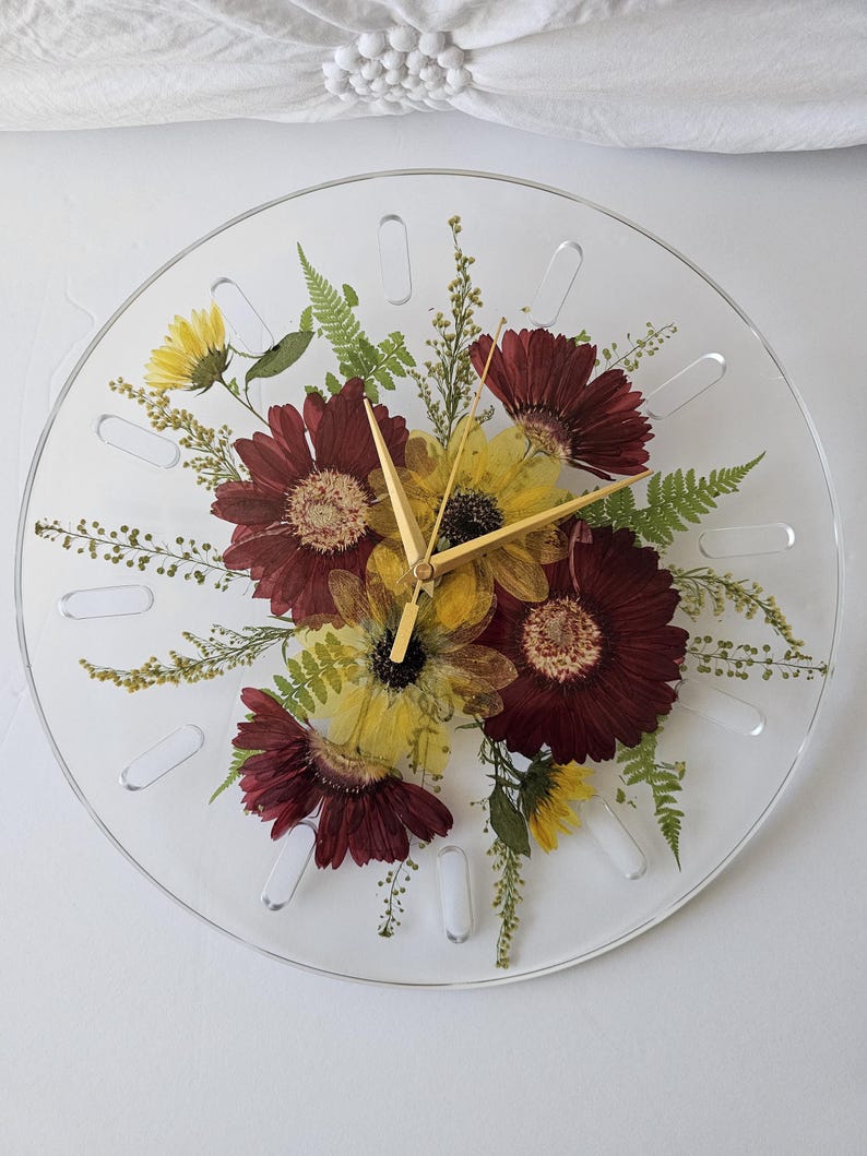 Flower Clock, Real Pressed Flower Art, Bohemian Art, Unique Wall Clock ...