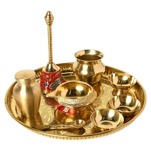 Handcrafted Brass Pooja Thali Set, Bhog Thali, Puja Utensils, Aarti ...