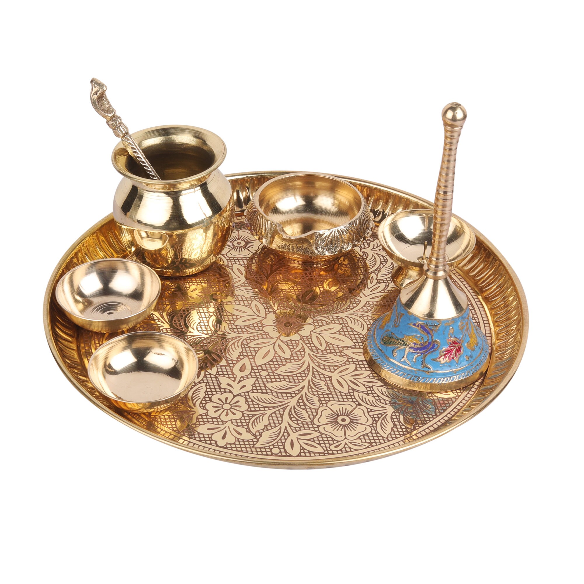 Puja Thali Set Brass Bhog Thali Poja Utensils Aarti Bartan Plate Set of ...