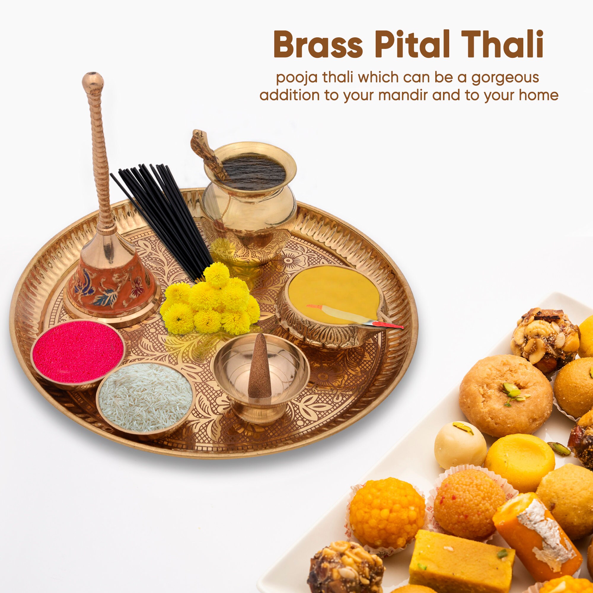 Puja Thali Set Brass Bhog Thali Poja Utensils Aarti Bartan Plate Set of ...