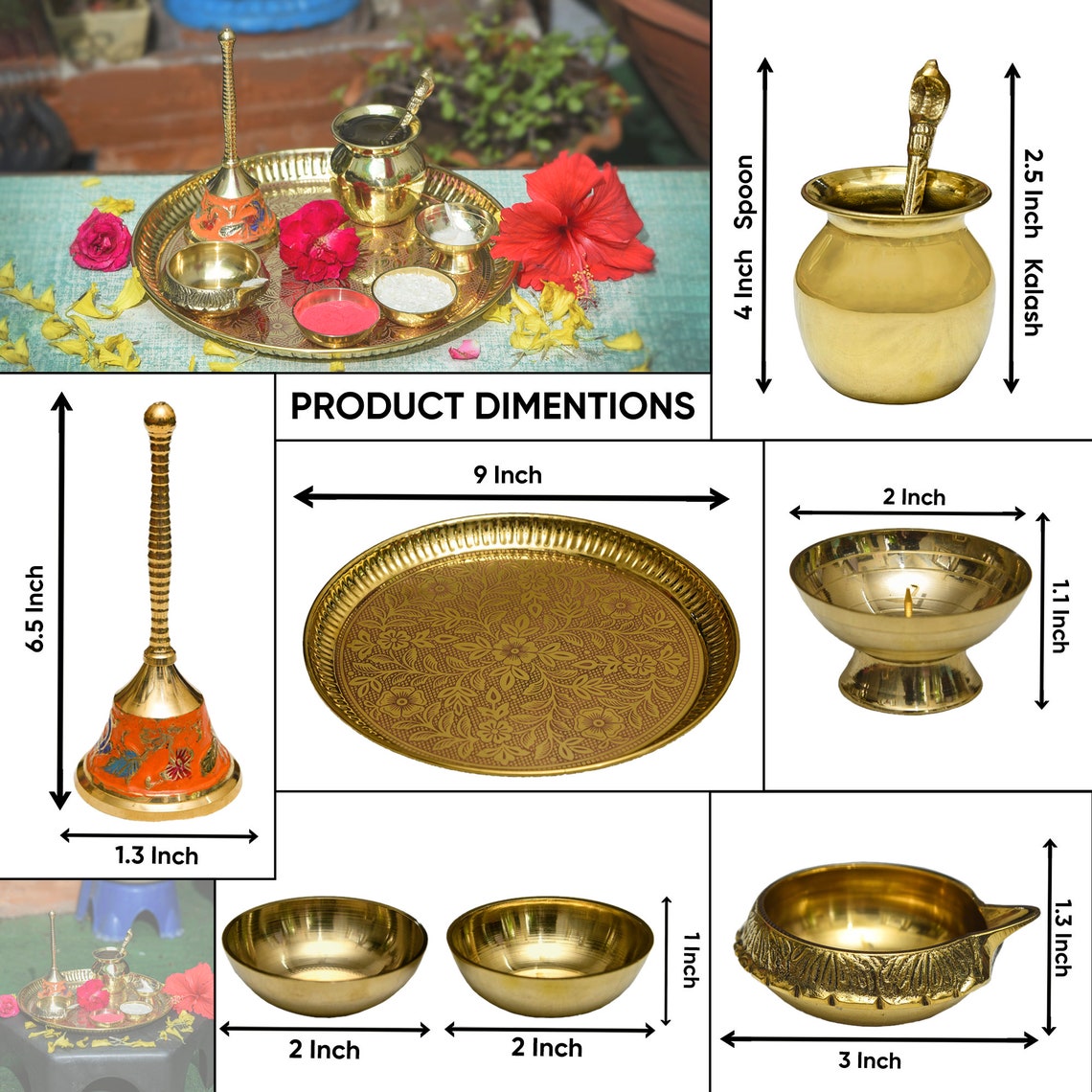 Puja Thali Set Brass Bhog Thali Poja Utensils Aarti Bartan Plate Set of ...
