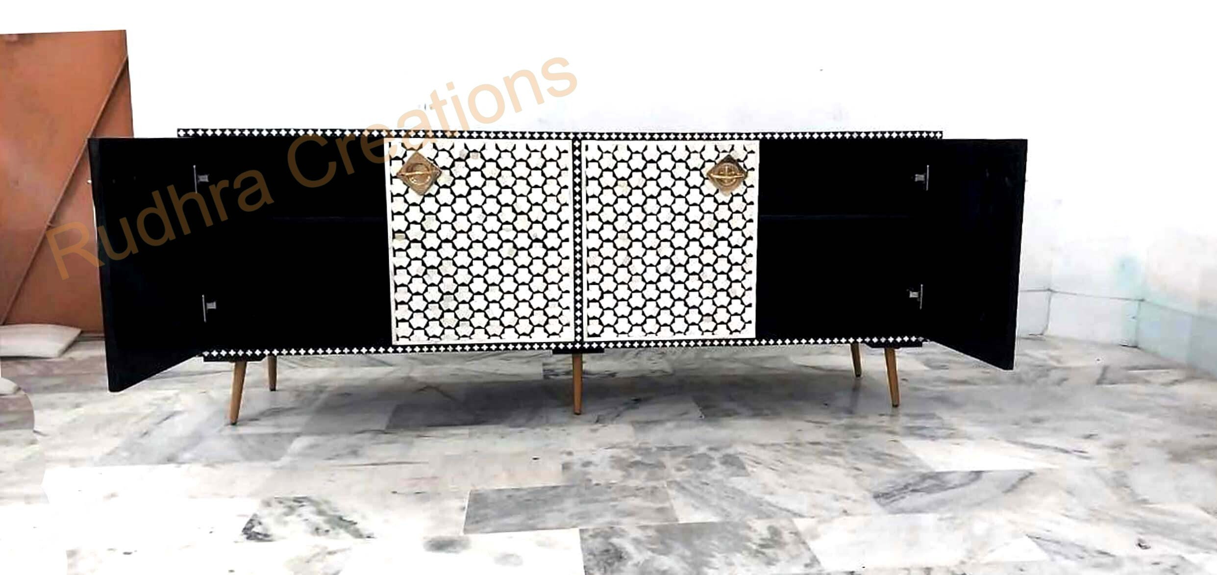 Bone Inlay Moroccon Pattern Media Console in Brown and White, Media ...