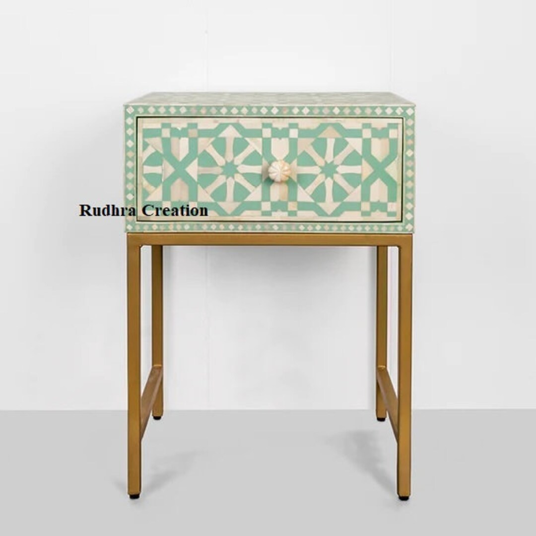 Bone Inlay One Drawer Bedside Table Indigo Green Moroccan Night Stand ...