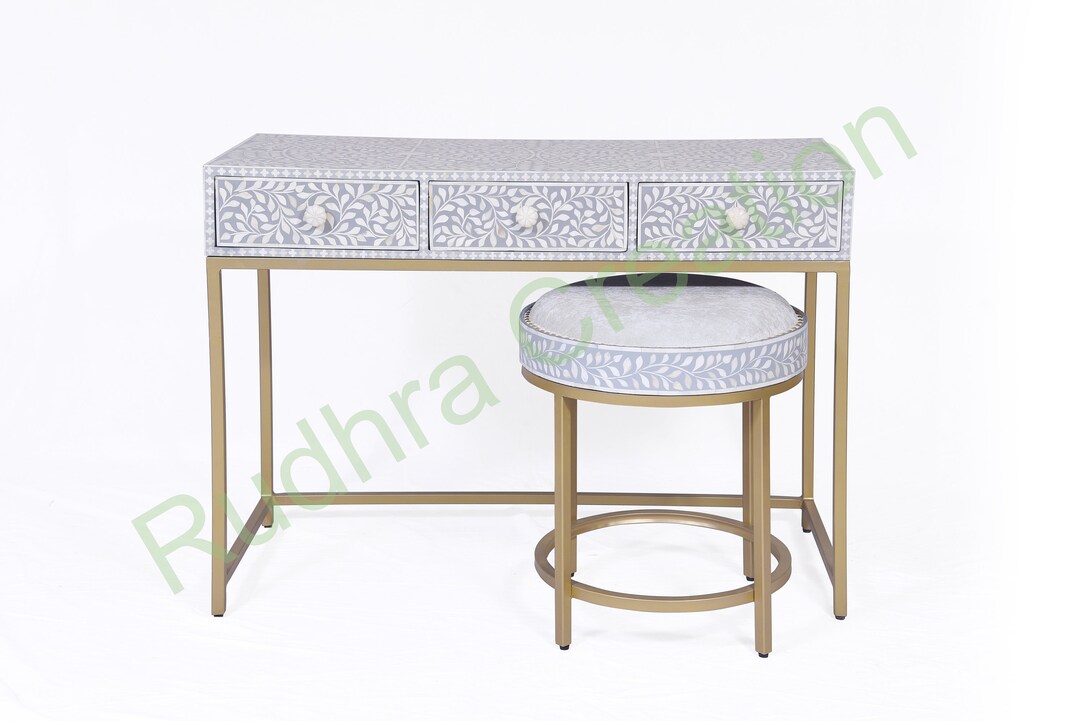 Handcrafted Bone Inlay Vanity Table and Stool: Gray Scroll Vine-desk - Etsy