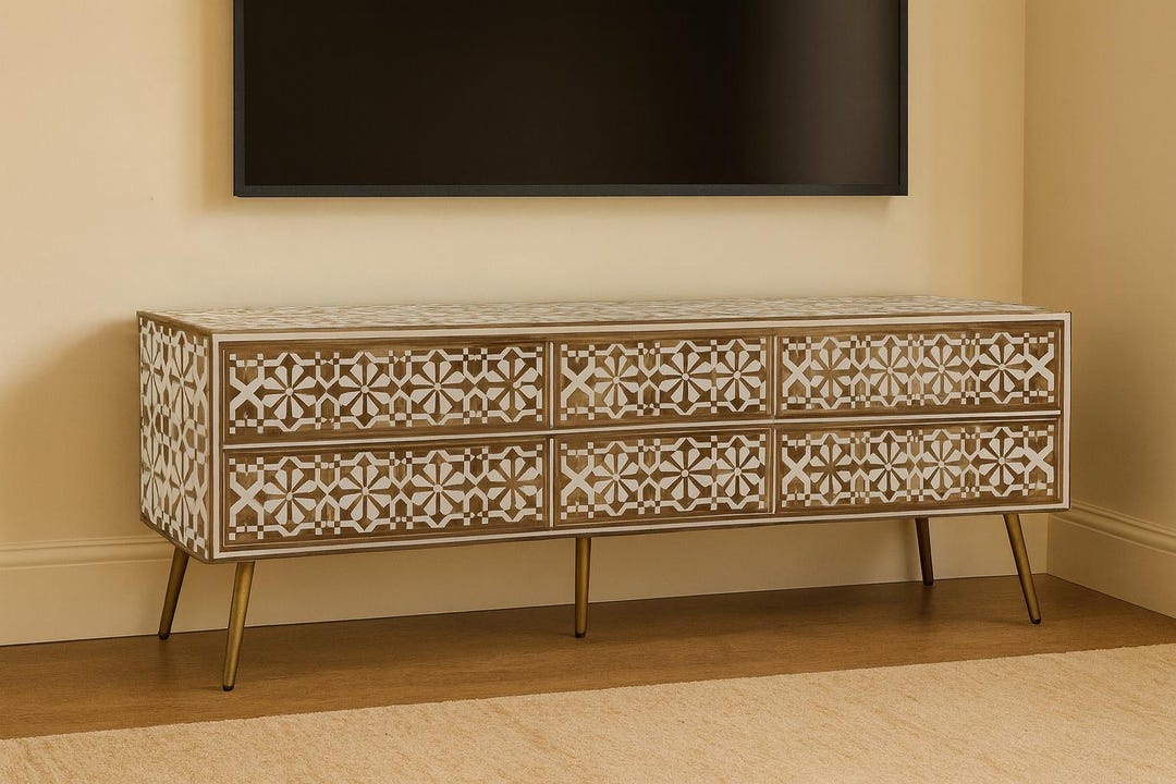 Handmade Teakwood Inlay Media Console, Moroccan TV Cabinet, Drawer ...