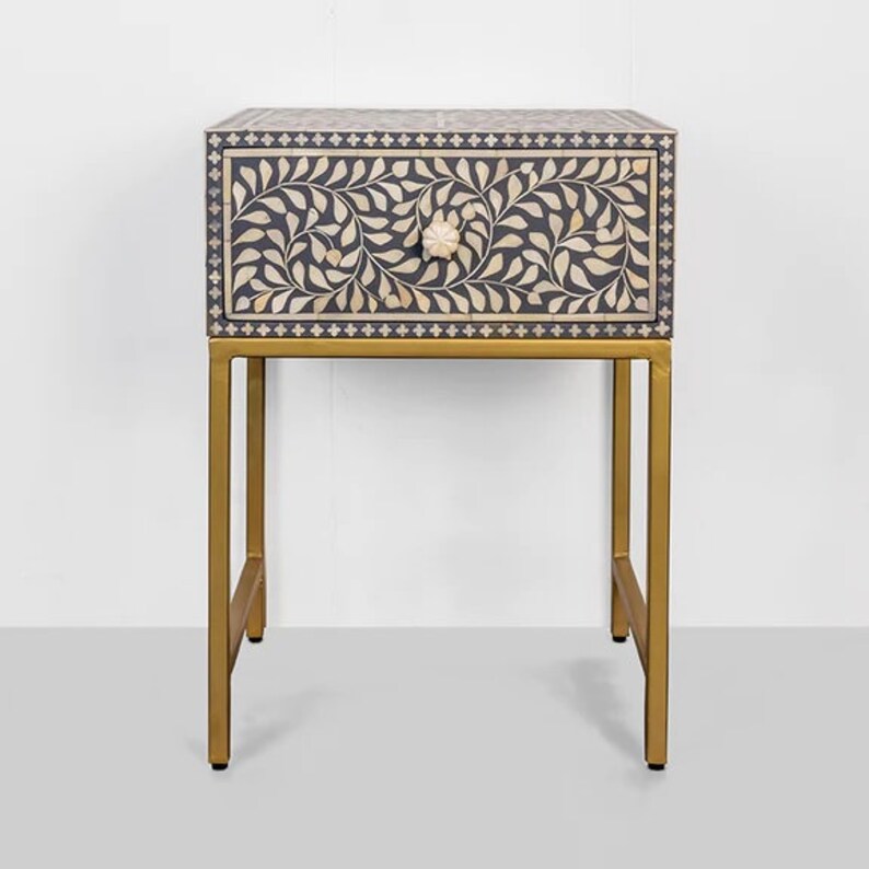 Bone Inlay One Drawer Bedside Table Indigo Blue Floral Night Stand ...