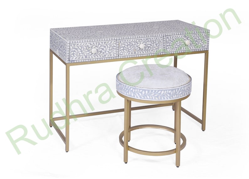 Handcrafted Bone Inlay Vanity Table and Stool: Gray Scroll Vine-desk - Etsy