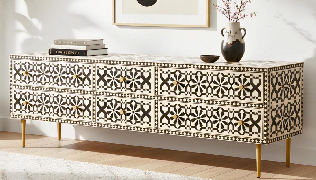 Bone Inlay Media Console | Moroccan Pattern TV Cabinet | Handmade Media ...