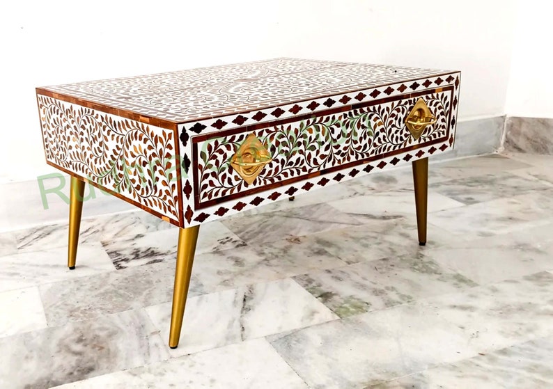 Wood Inlay Coffee Table in Scroll Vine Pattern, Inlay Center Table, Tea ...