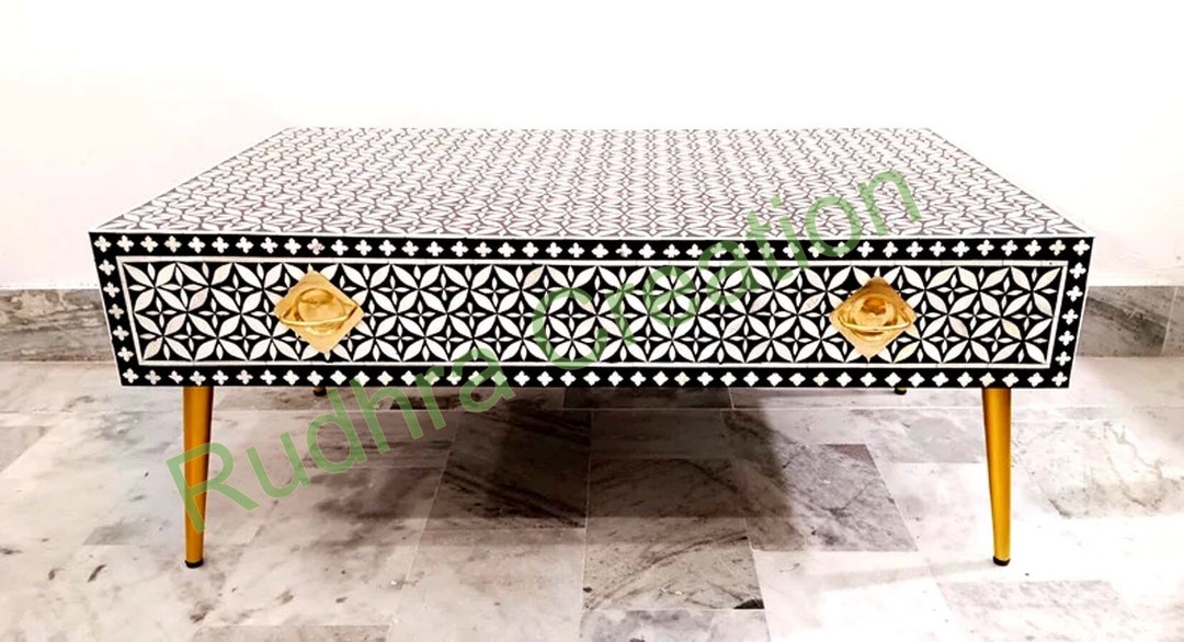 Handcrafted Drawer Bone Inlay Coffee Table in Geometric Pattern, Center ...