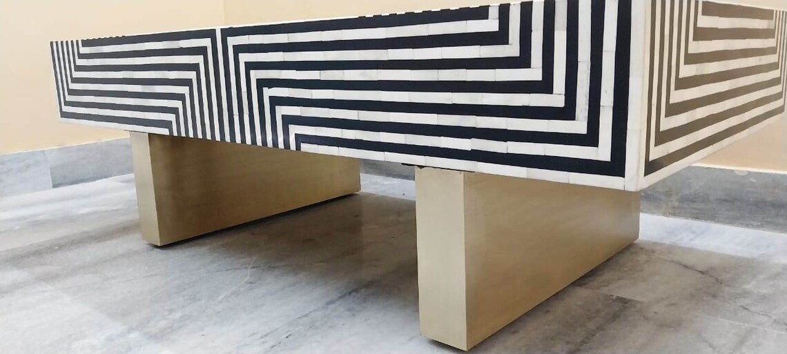 Handcrafted Bone Inlay Stripe Design Coffee Table in Black Free ...