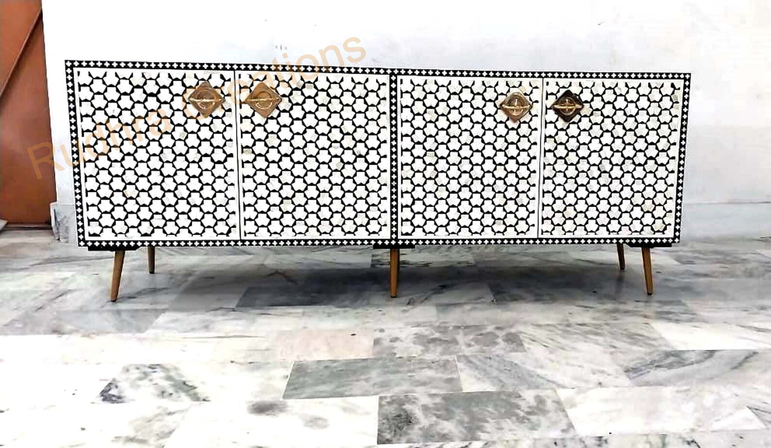 Bone Inlay Moroccon Pattern Media Console in Brown and White, Media ...