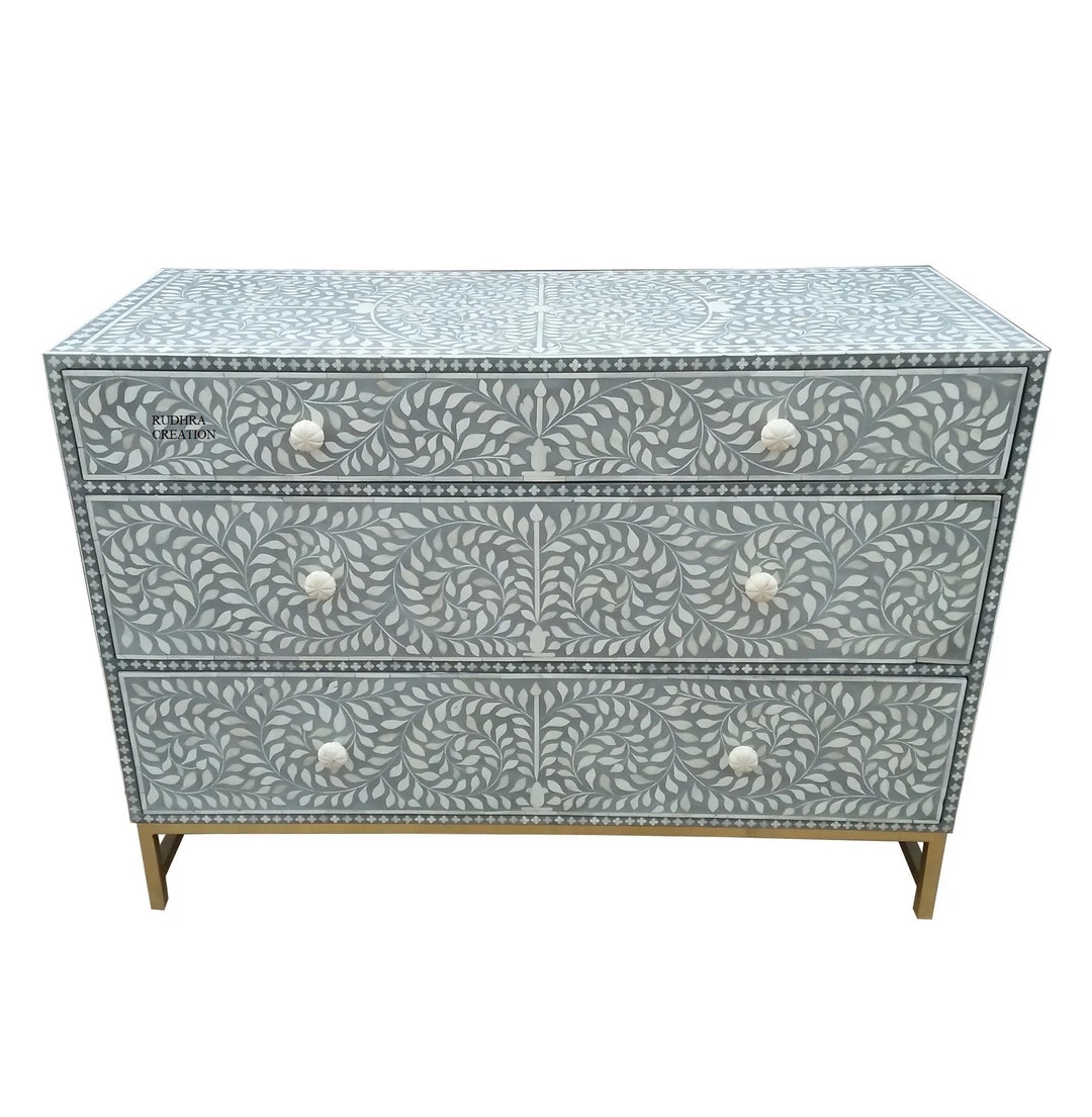 Bone Inlay Drawer Chest | Handmade Cabinet | Scroll Vine Storage Unit ...