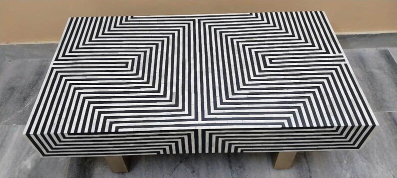 Handcrafted Bone Inlay Stripe Design Coffee Table in Black Free ...