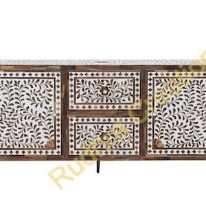 Bone Inlay Geometric Pattern Media Console in Black and White, Media ...
