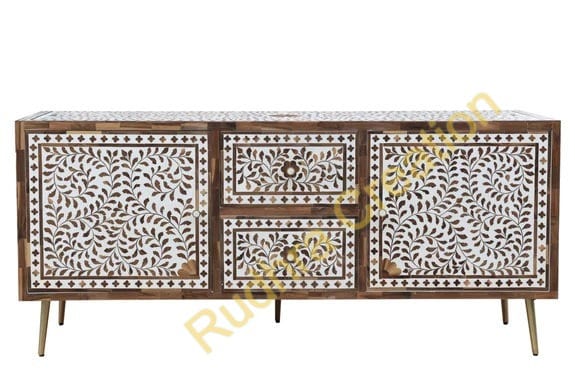 Bone Inlay Geometric Pattern Media Console in Black and White, Media ...